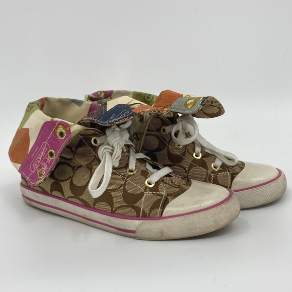 Coach | Shoes | Coach Bonney Brown Monogram Scarf Print Fold Over High ...